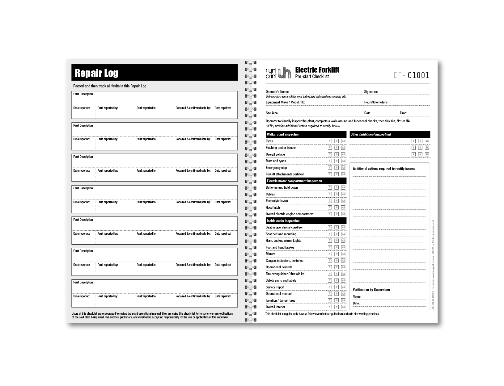 Electric Forklift Pre-Start Checklist Book | Australian Made Safety ...